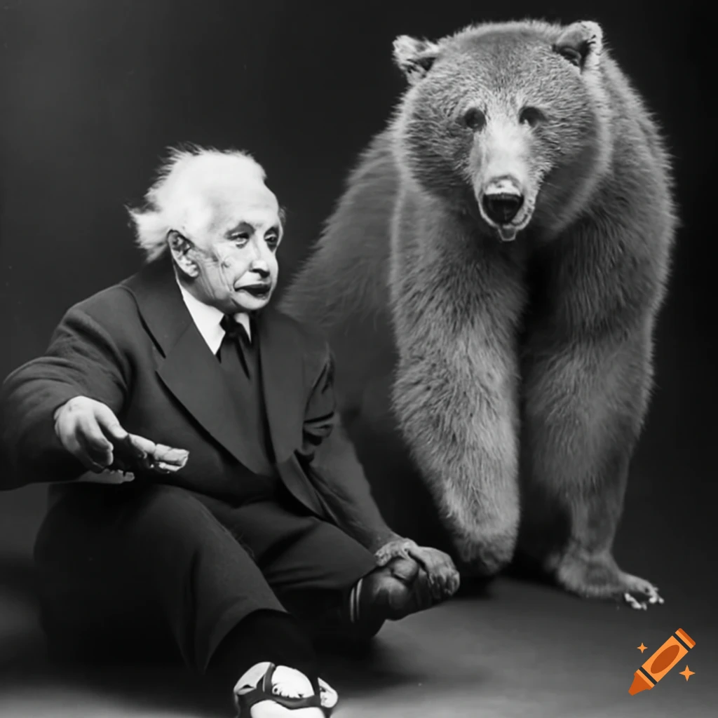 Artistic depiction of albert einstein with an intelligent bear on Craiyon