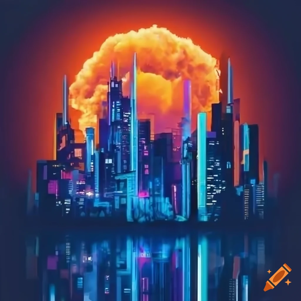 Cyberpunk city skyline with orange mushroom cloud explosion in ...