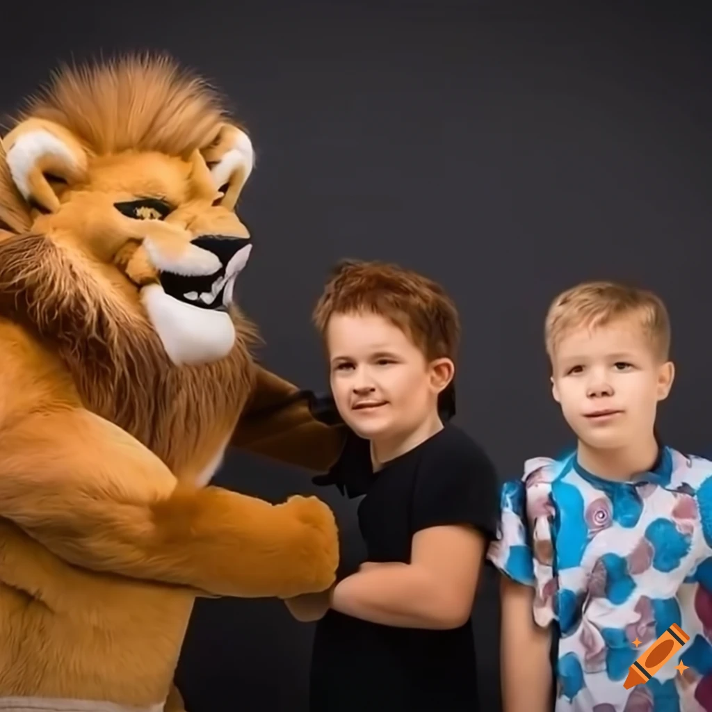 Father in realistic muscular lion mascot fursuit hugging his children ...