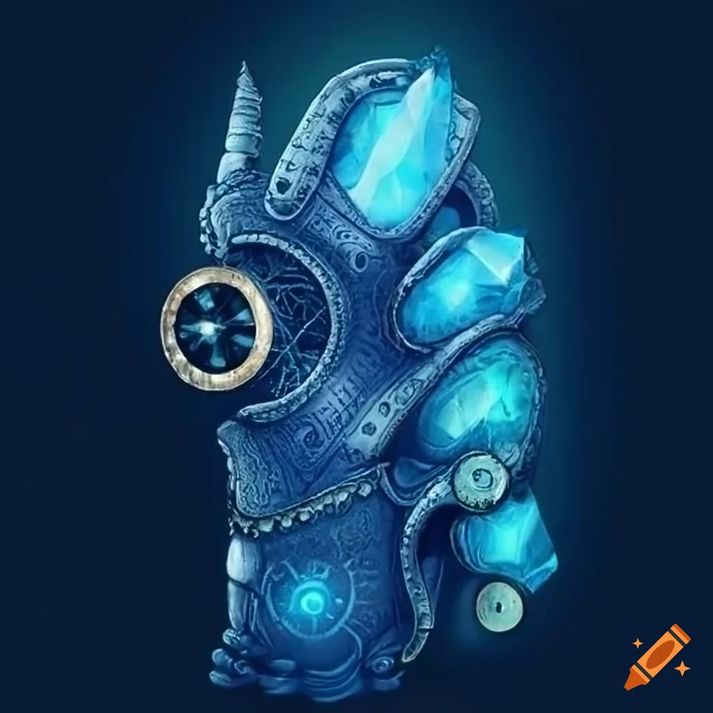 Steampunk glove with large protruding blue crystals radiating energy on ...