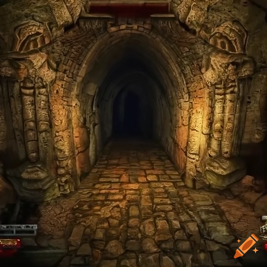 Medieval underground tunnel with intricate stone carvings and large ...