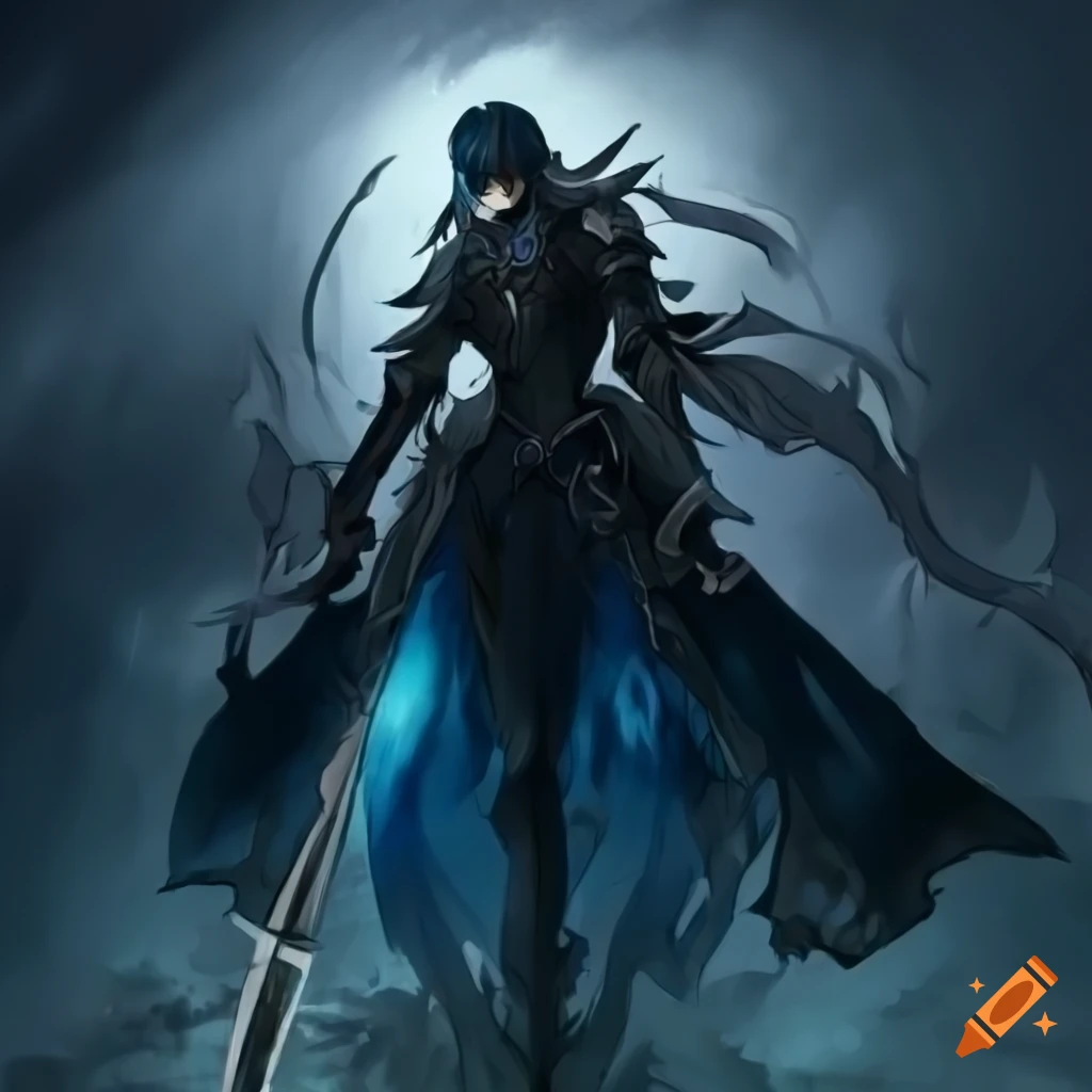 Anime character with blue hair and big sword in black armor on Craiyon