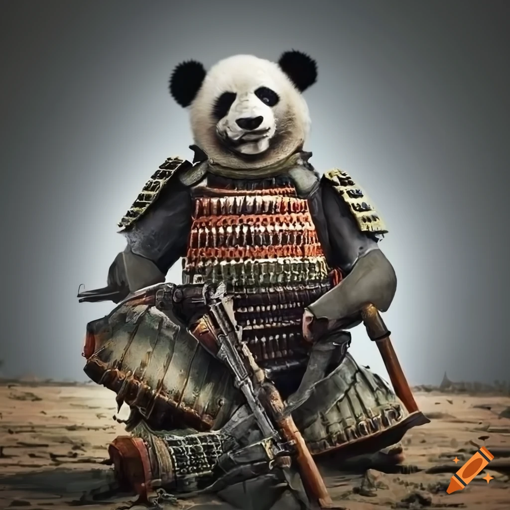 WW2 panda in samurai armor with machine gun in wasteland battlefield on ...