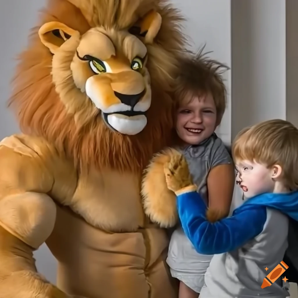 Father in realistic lion mascot fursuit playing with his children on ...