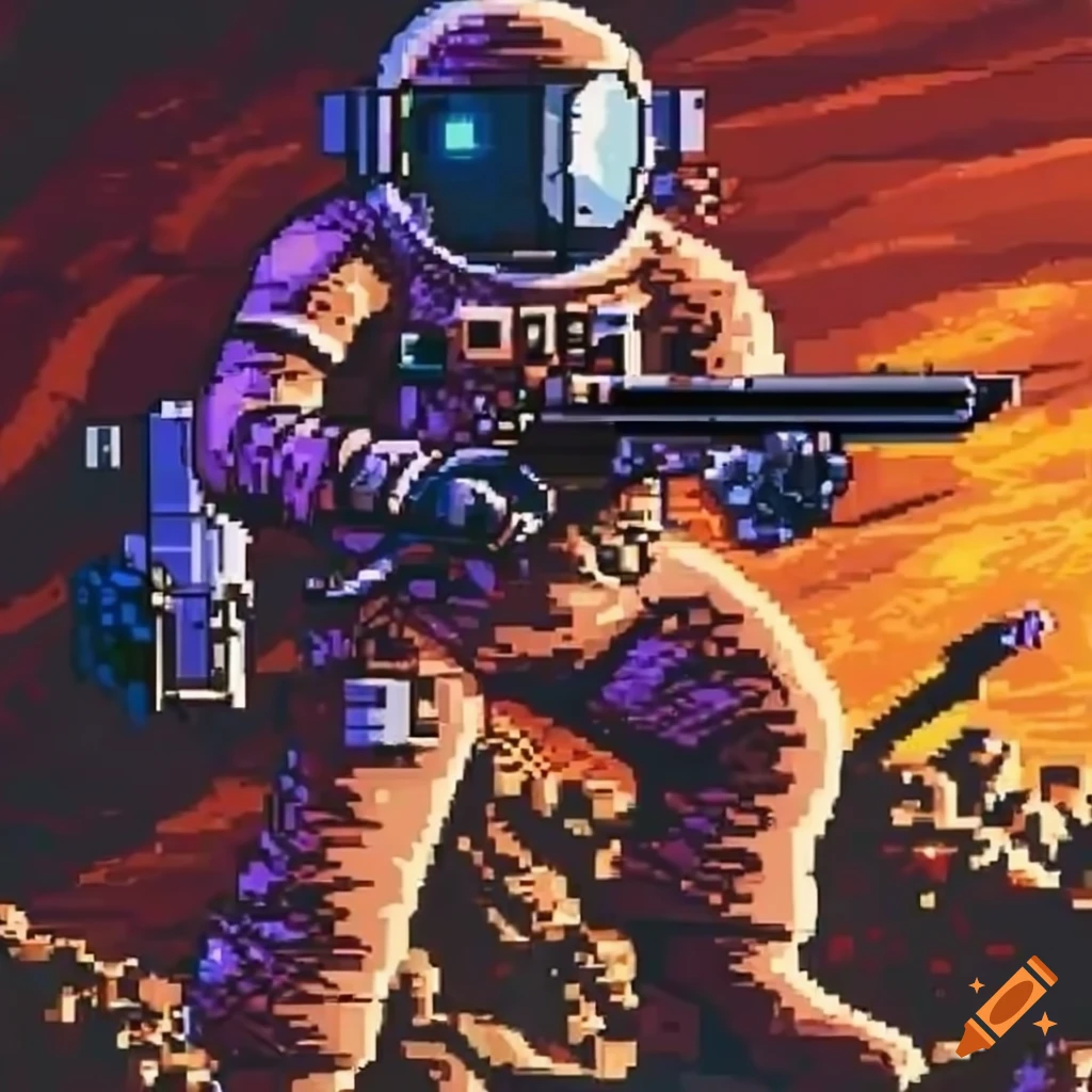 Astronaut Soldiers in a 1980's NES style retro Nintendo game on Craiyon