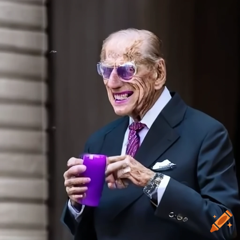 Prince philip enjoying a drink with joe biden outside a store in america on Craiyon