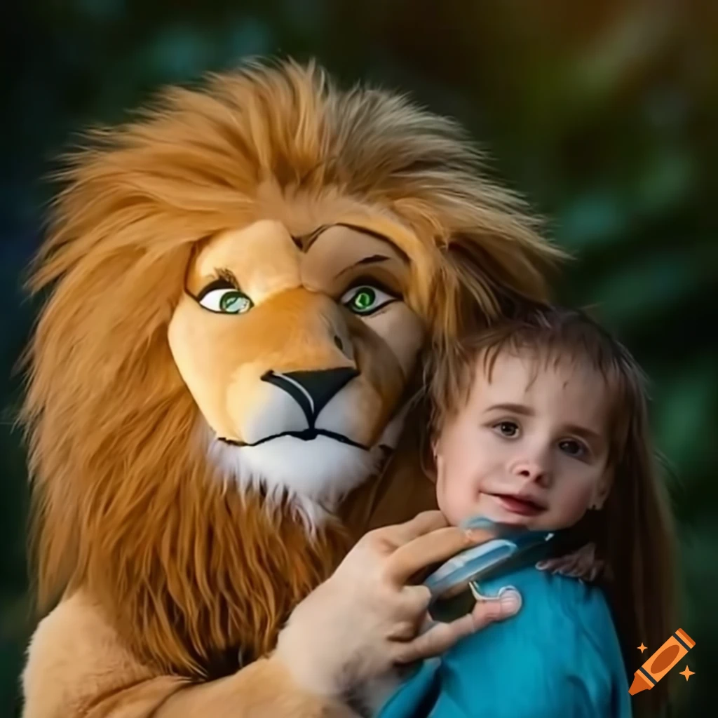 Father in realistic lion mascot fursuit hugging his children on Craiyon