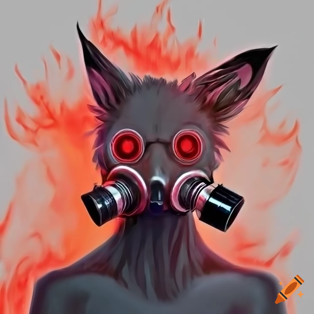 Humanoid-fox wearing a gas mask with glowing red eyes on Craiyon