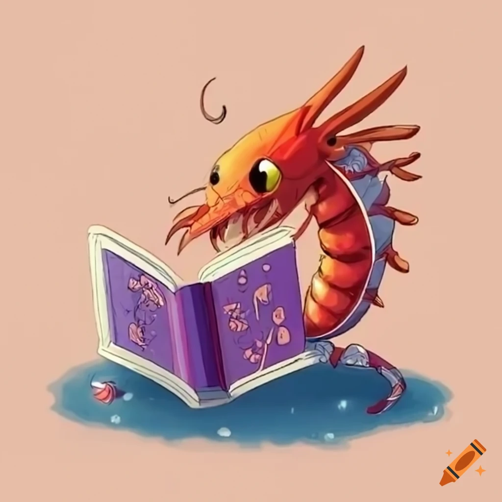 Chibi shrimp reading a book with a manga dragon on Craiyon