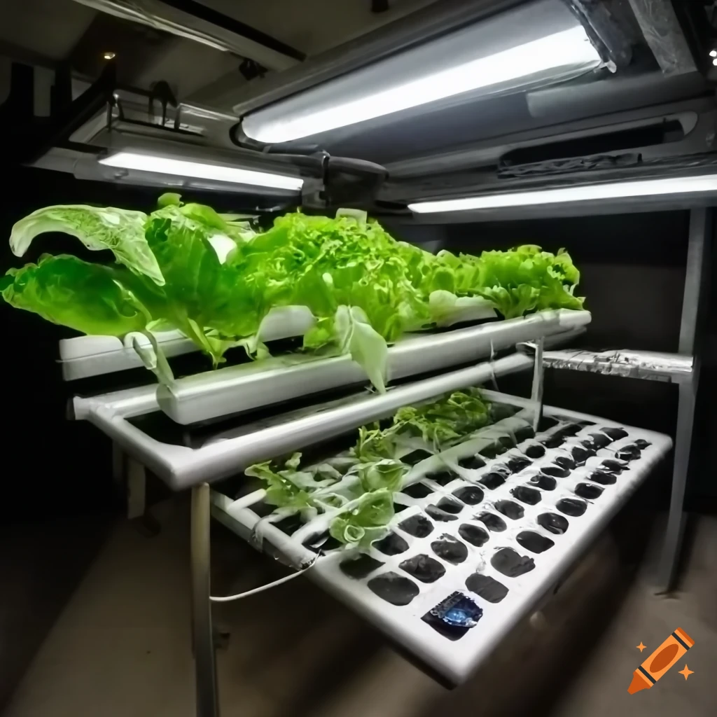 Amateur hydroponics setup in a basement on Craiyon