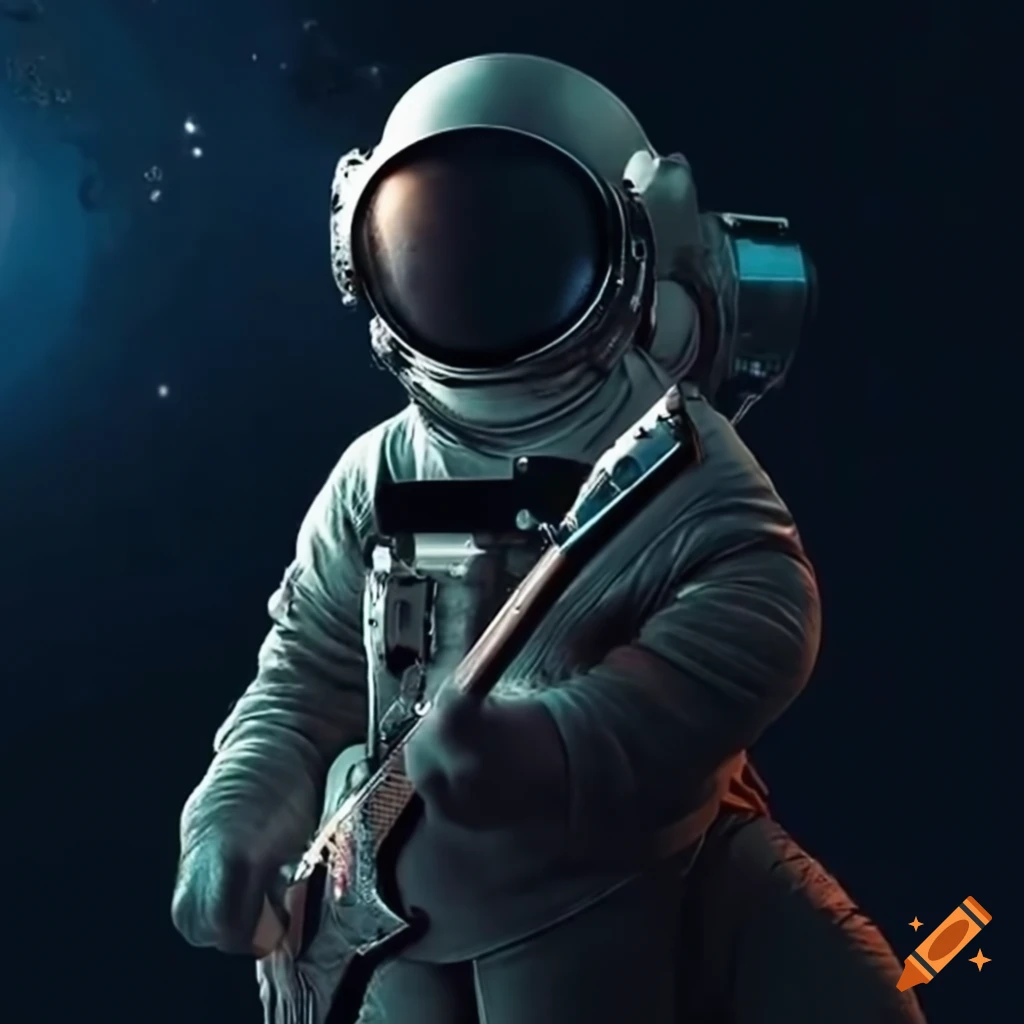 Astronaut with electric guitar exploring space for new music and intergalactic jam partners on ...