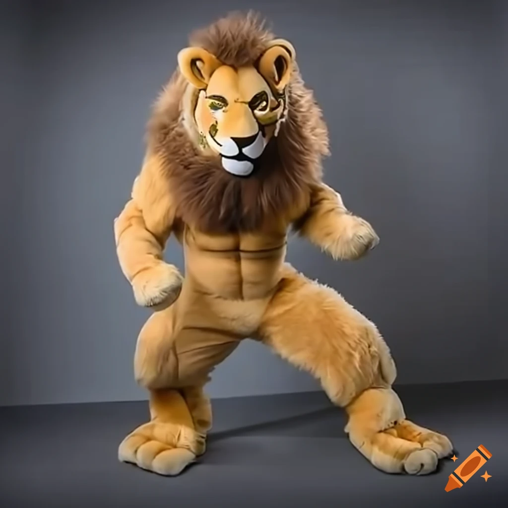 Father in a lion fursuit costume exercising on Craiyon