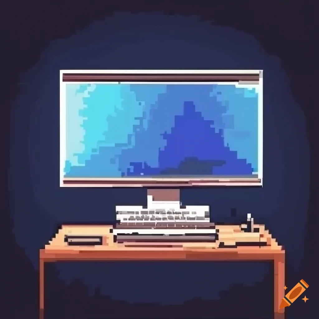 Computer with monitor in a room with pixel art graphics on the wall on ...