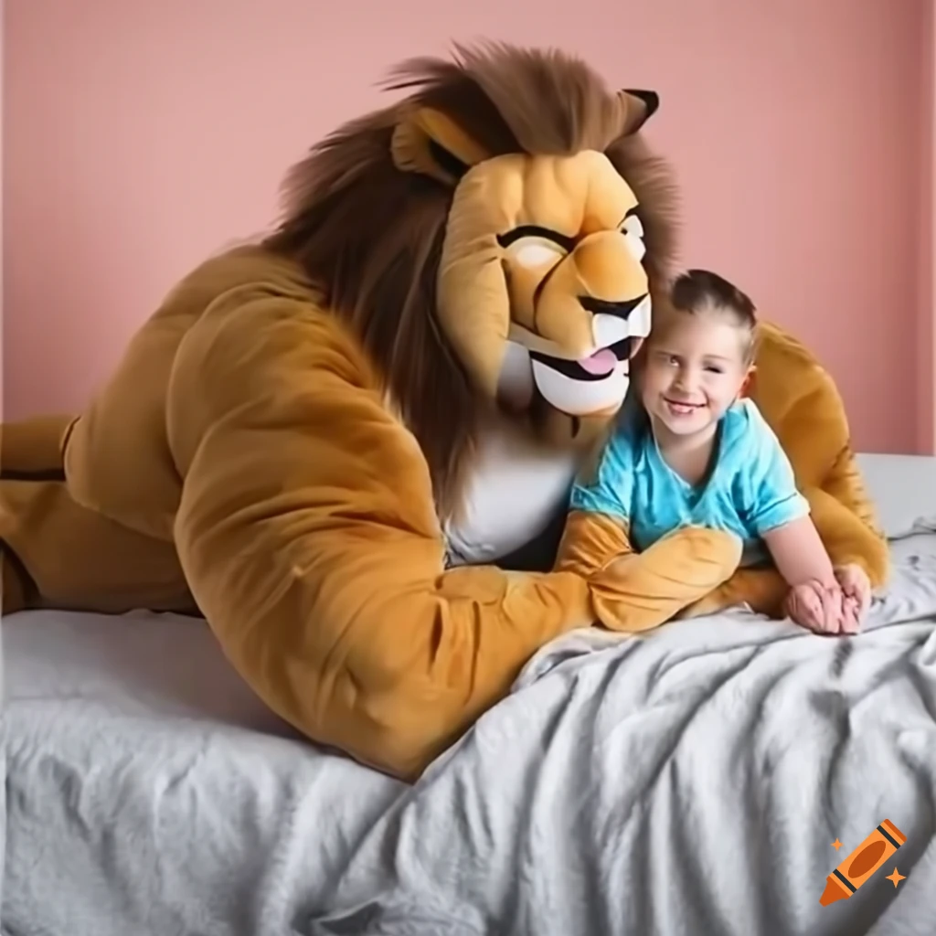 Father in lion fursuit sleeping on bed with kids on Craiyon