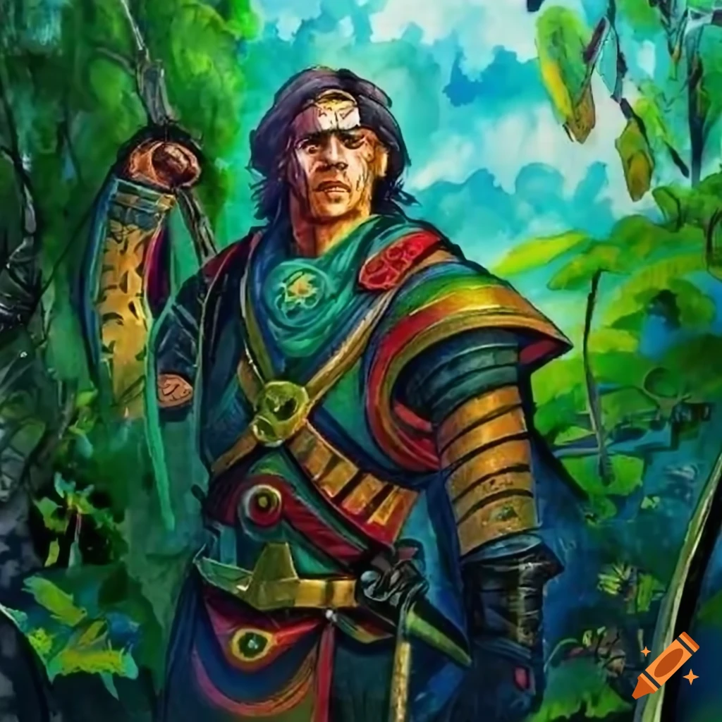 Character halem caethon leaning against a tree in the lush rainforest ...
