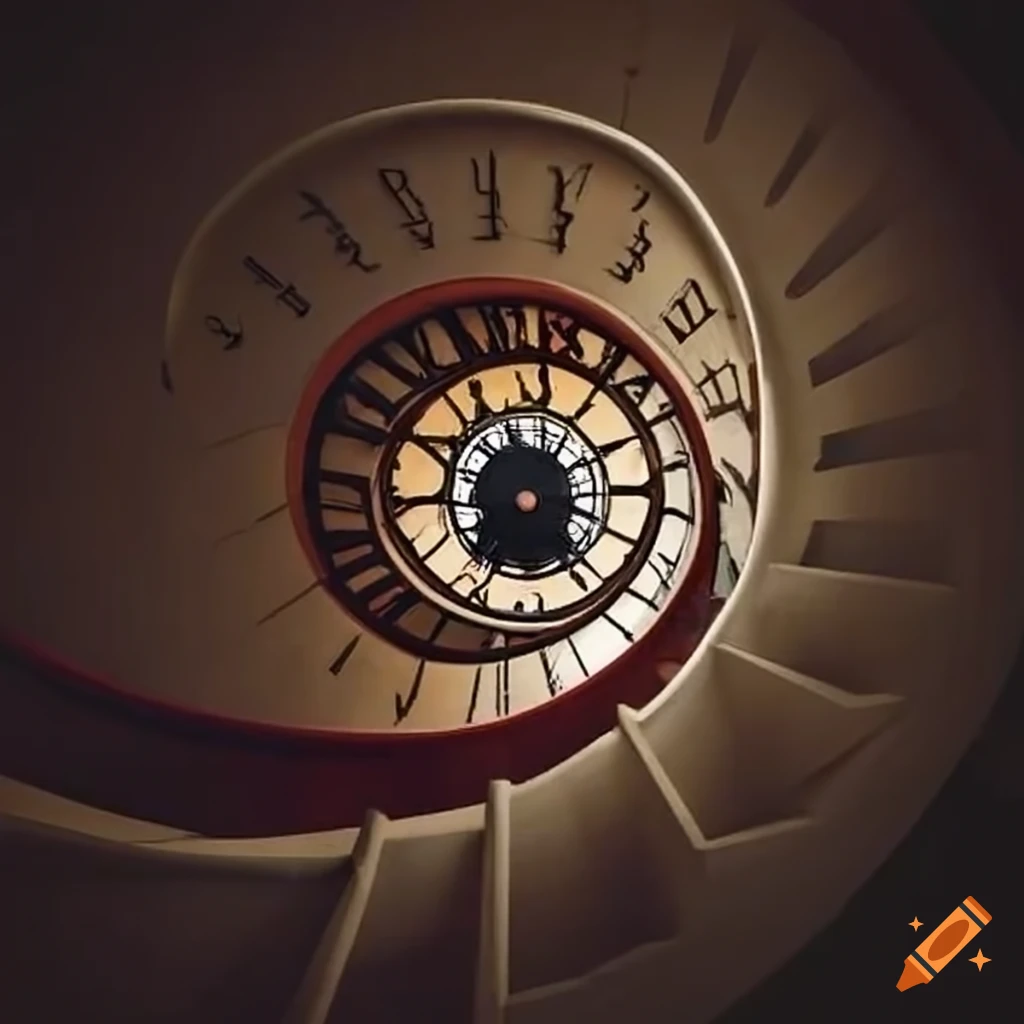 Spiral staircase intertwined with a clock on Craiyon