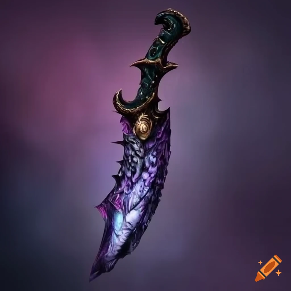 High-definition digital depiction of a dark crystal scimitar with raven ...