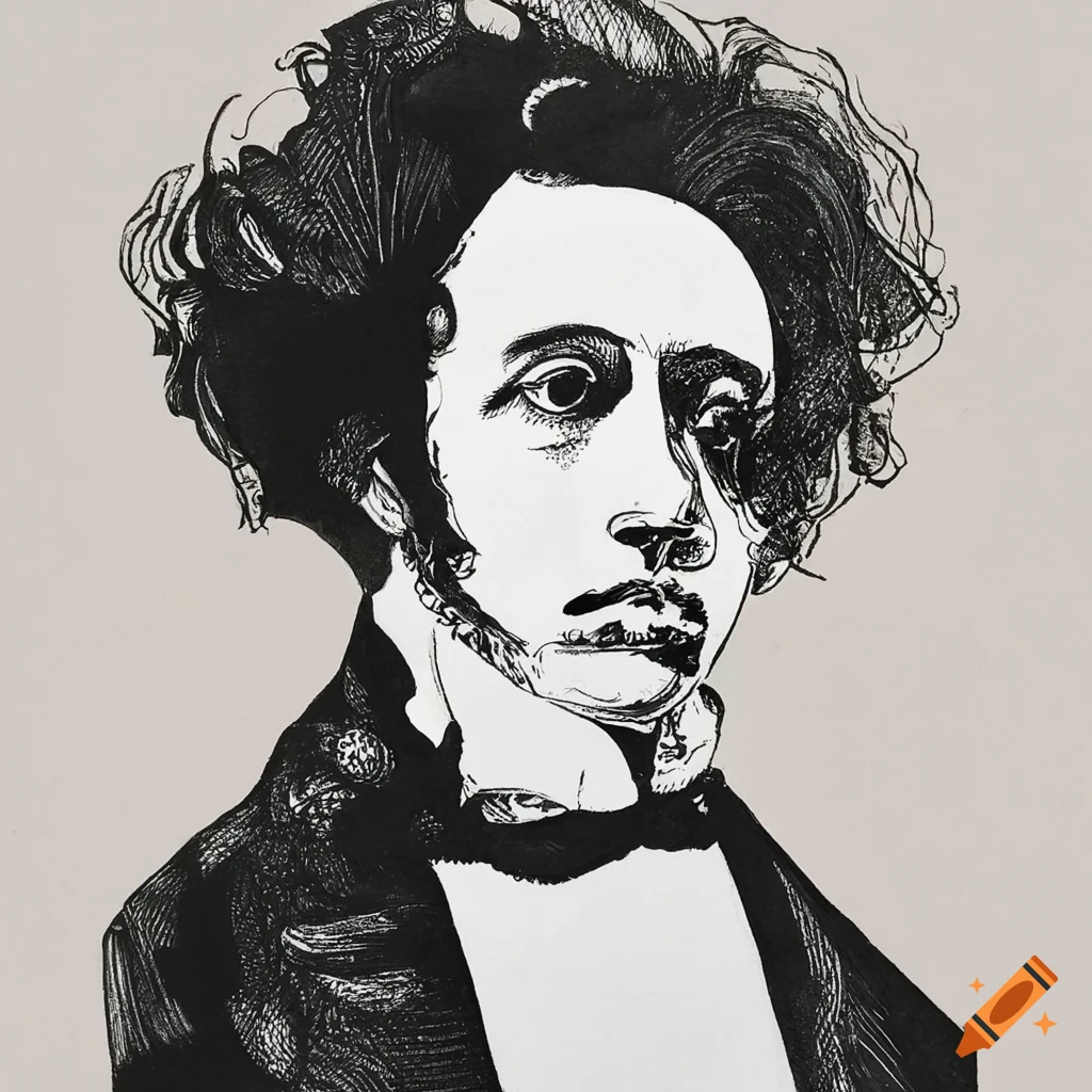 Portrait of Pushkin in black and white ink drawing style on Craiyon