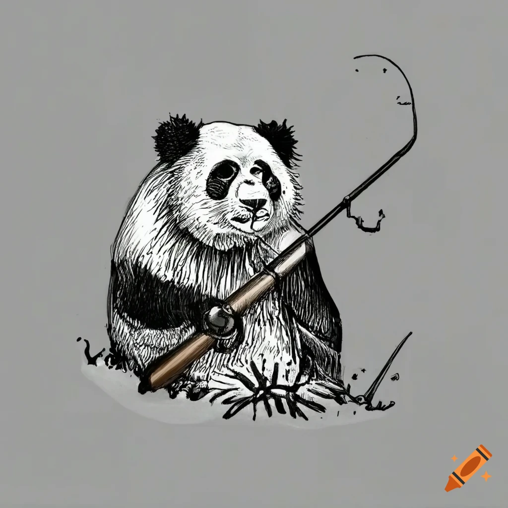 Black and white ink drawing of a panda with a fishing rod on Craiyon