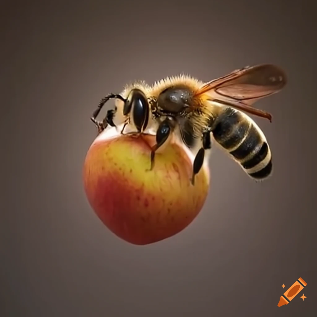 Realistic honey bee flying with a tiny apple on Craiyon