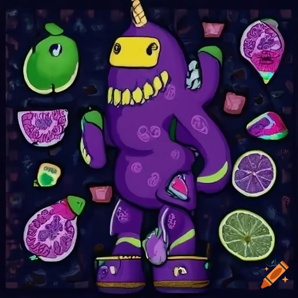Mythical creatures and mutant omega mart lemon fruit monster in a ...
