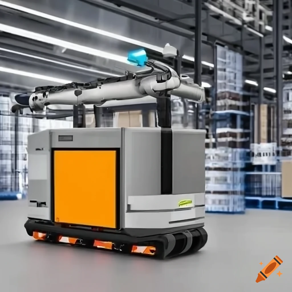 Autonomous robots transporting pallets of goods in futuristic logistics ...
