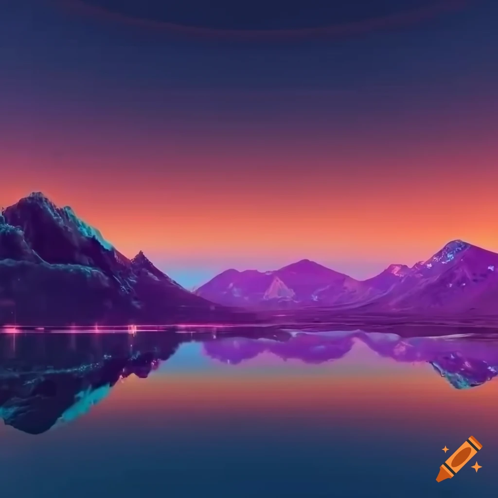 Synthwave style sunrise on an alien world with towering mountains, lake ...