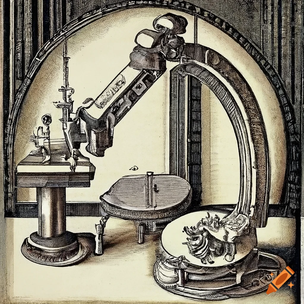 Renaissance-style woodcut painting of a medical x-ray c-arm machine by ...