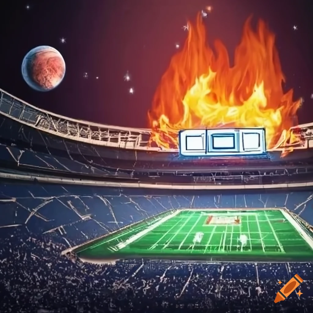 American football stadium in space with planets on fire and scoreboard ...