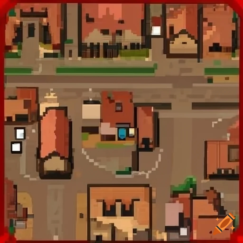 Topdown view of medieval city streets in pixel art on Craiyon