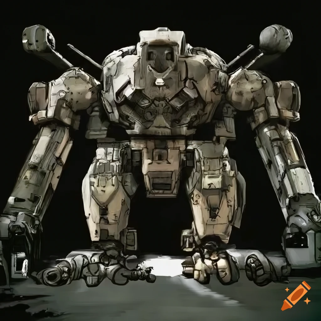 Metal gear styled mech in high definition with intricate layering and spectacular lighting on ...