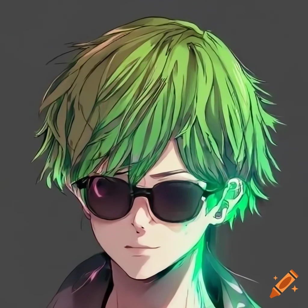 Anime character with green hair wearing jacket and sunglasses on Craiyon