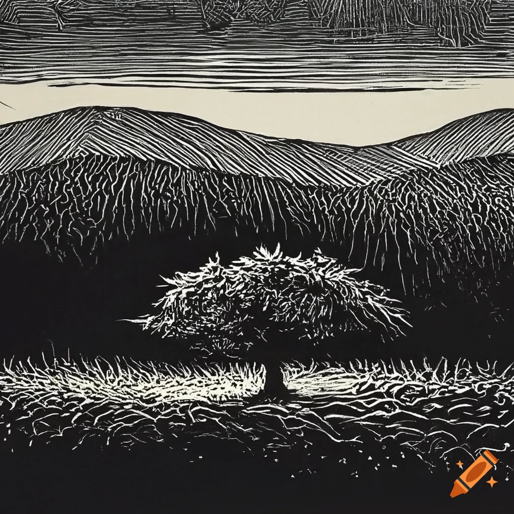 Monochrome woodcut of a lone tree in a field on Craiyon