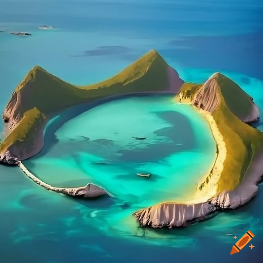 Six deserted islands arranged in a circle seen from above on Craiyon