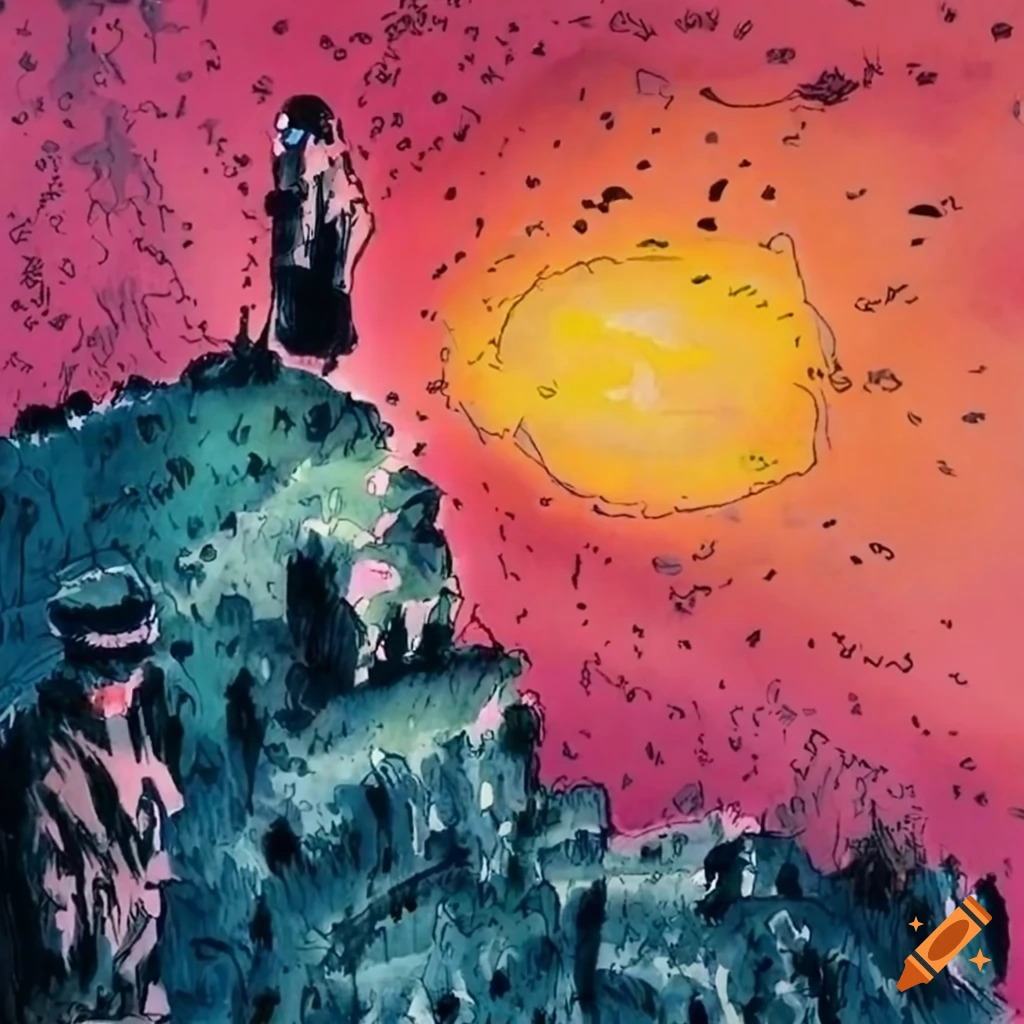Color pen and ink landscape with blindfolded crowd walking towards a ...