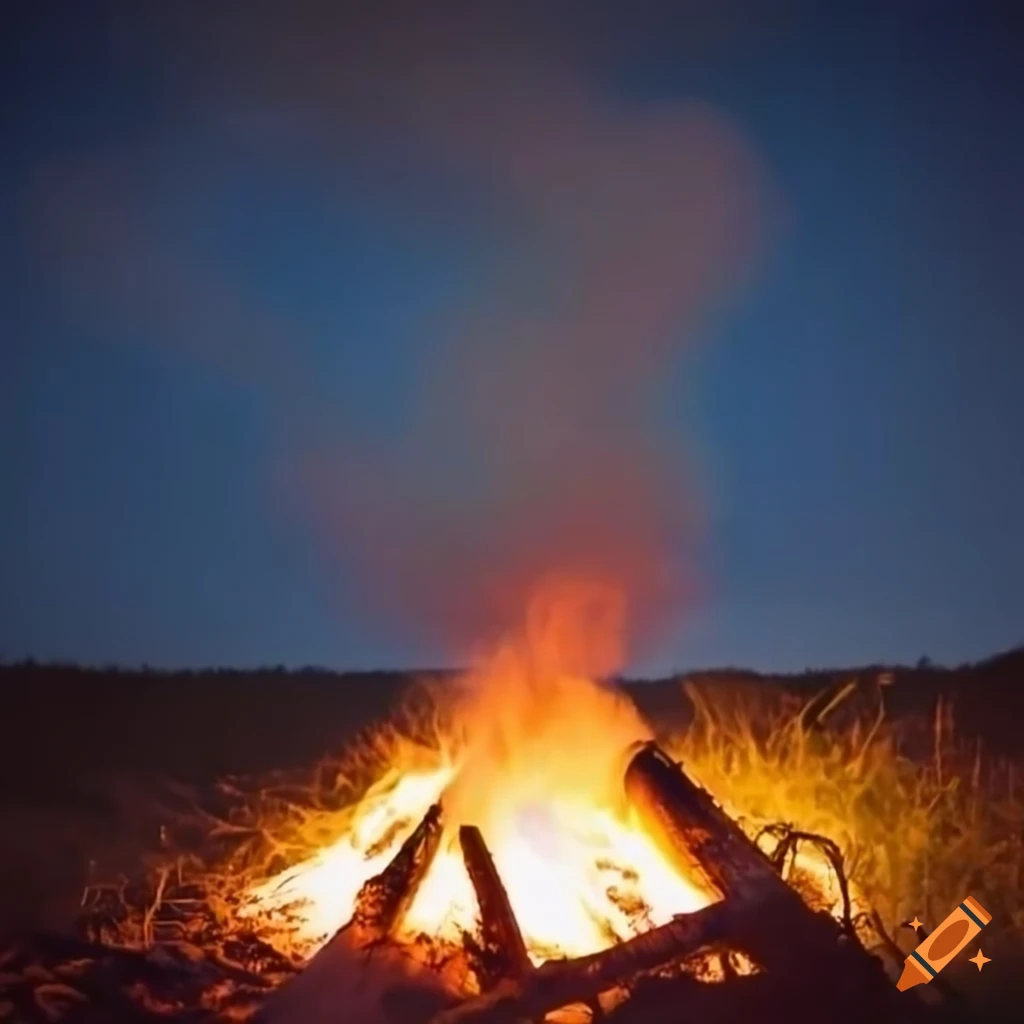 Smoke rising from a distant campfire at night on Craiyon