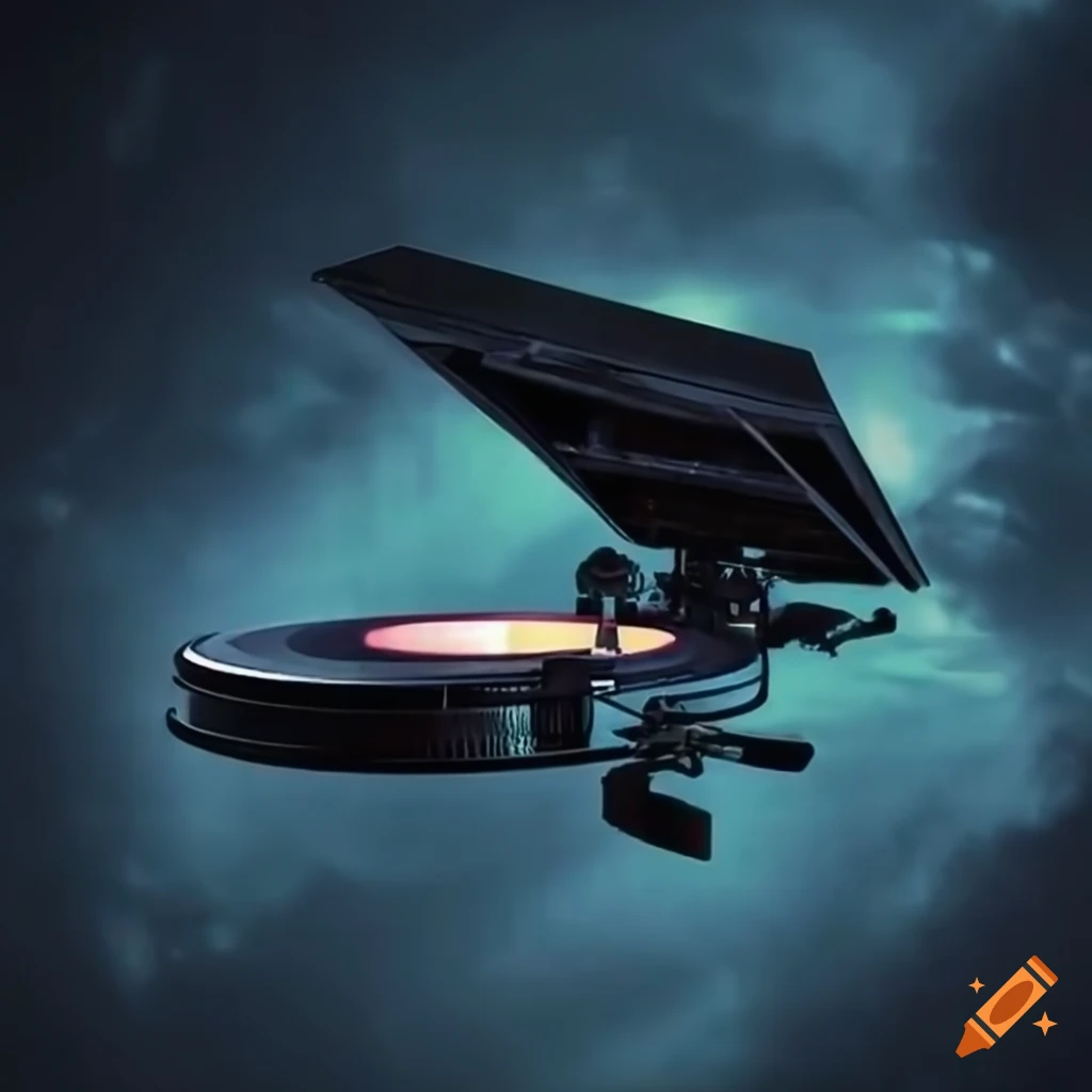 Dj on flying turntables in a spooky sky on Craiyon