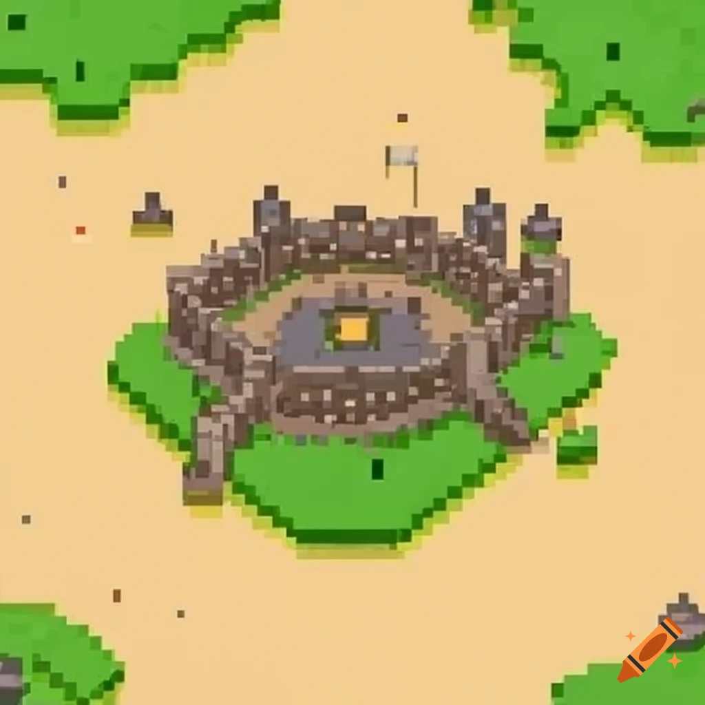 Medieval castle town in top-down pixel art perspective on Craiyon