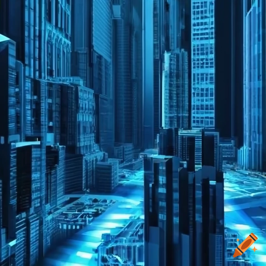 View of 3d blue futuristic city buildings in a blue matrix on Craiyon