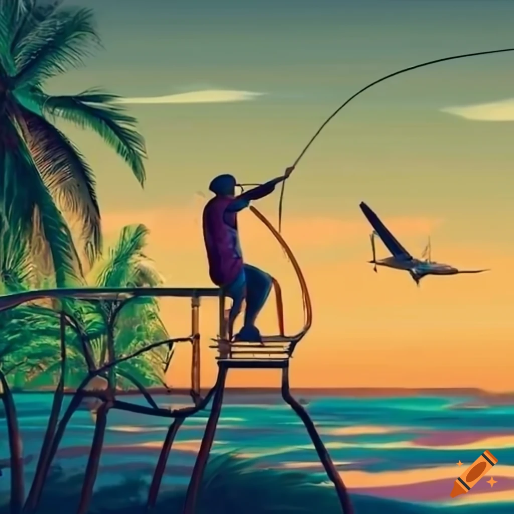 Man fishing from an airplane in a tropical setting on Craiyon