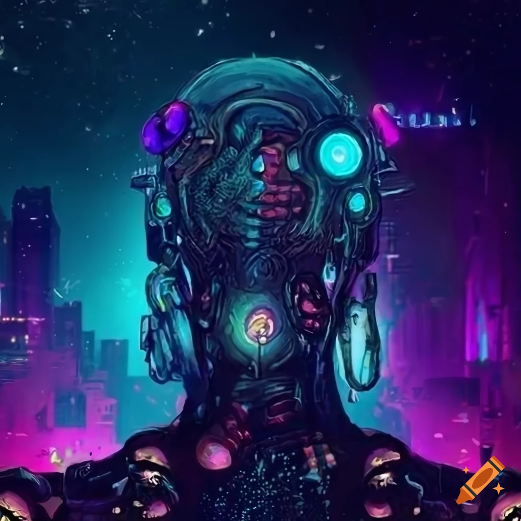 Cityscape with biopunk and cyberpunk elements on Craiyon