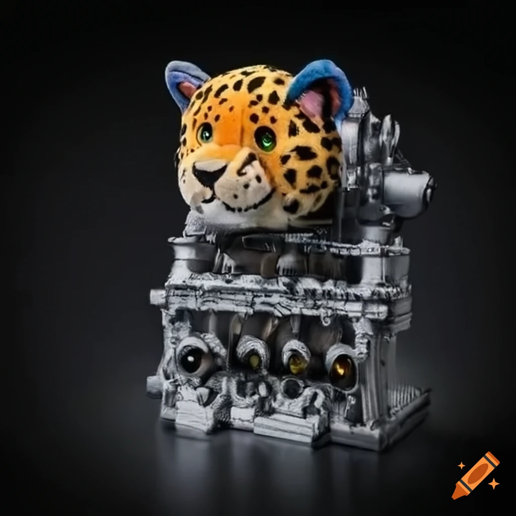 Plushie leopard on top of a mechanical engine on Craiyon