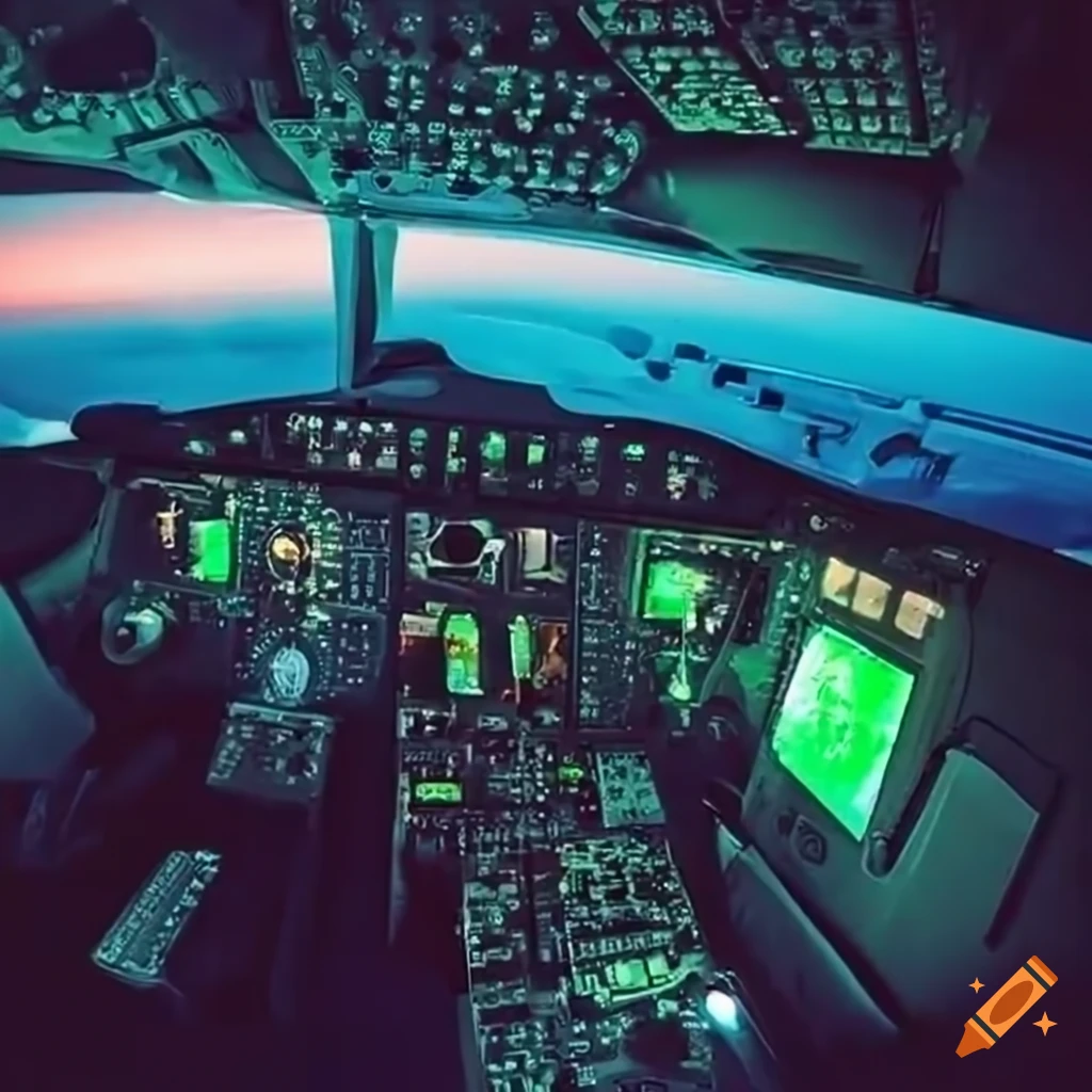 Pilot in airplane cockpit at night with glowing green brain on Craiyon