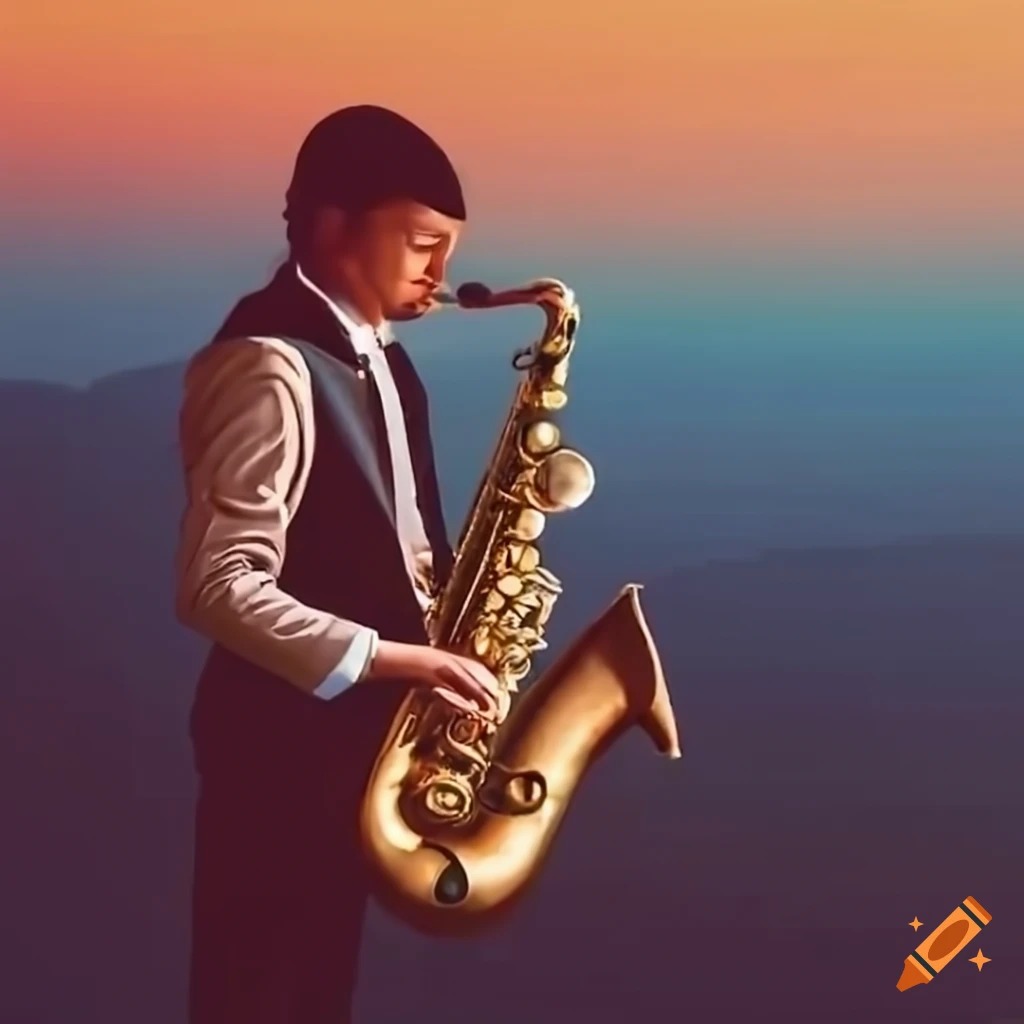 Saxophonist serenading the evening sky in a calming forest on Craiyon