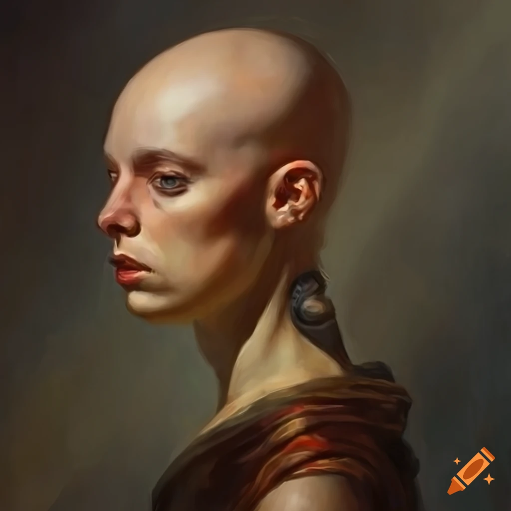 Ethereal editorial portrait of a bald martian cyborg in hyper-realistic ...