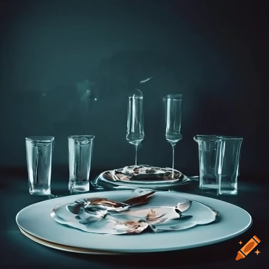 Messy long dinner table with empty glasses and smashed food on Craiyon