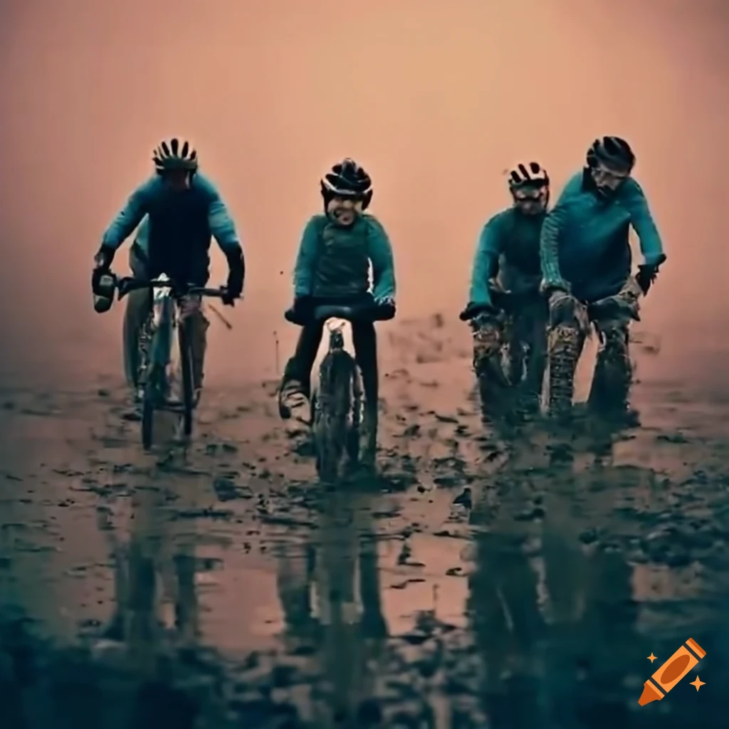 Group of friends enjoying a muddy bicycle ride on Craiyon