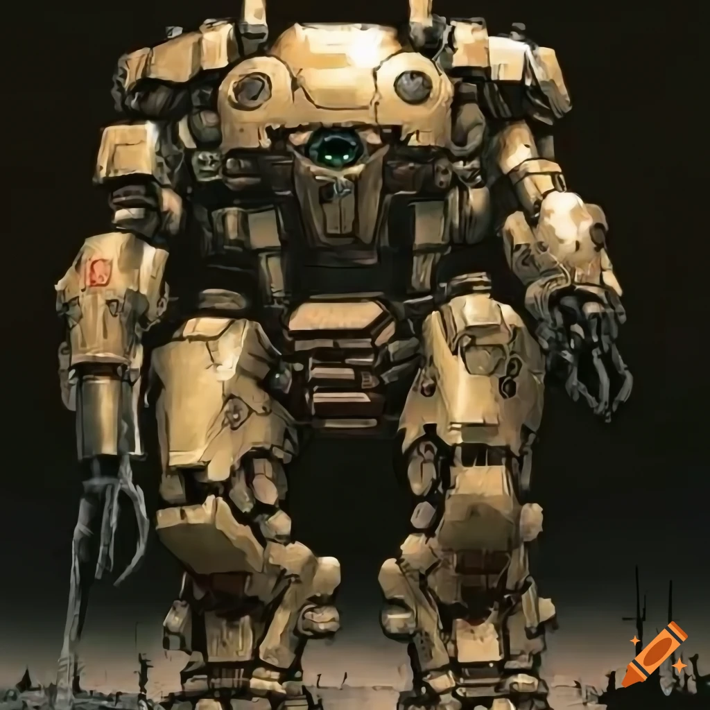 Mech inspired by metal gear with intricate layering and spectacular lighting on black background ...