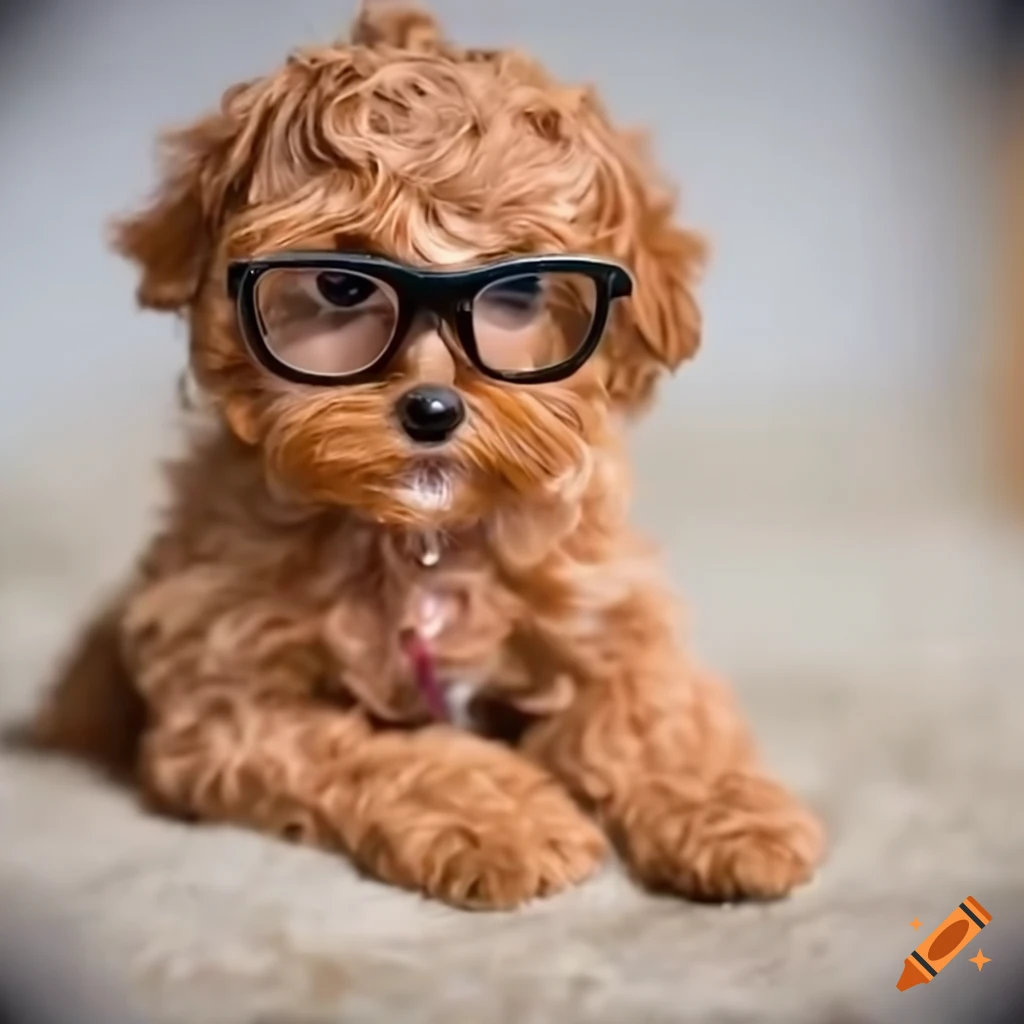 Red cavapoo puppy wearing glasses partially covered in yarn on Craiyon
