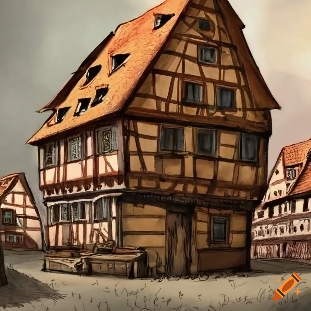 Drawing of a medieval hostel in the street of an alsatian town on Craiyon